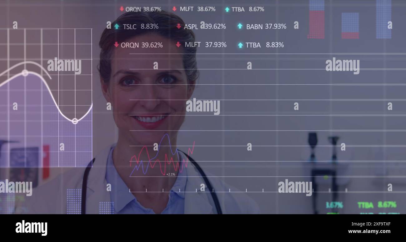 Image of data processing over happy caucasian female doctor Stock Photo ...