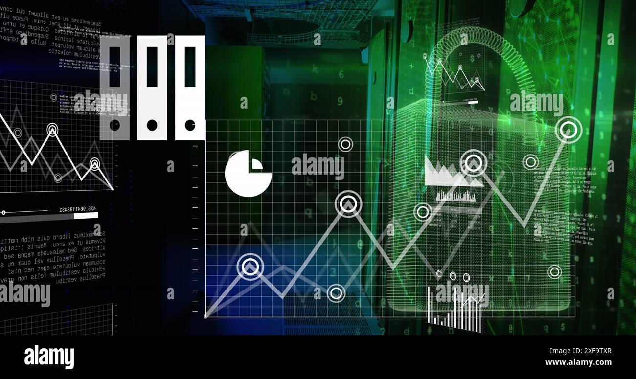Image of security padlock icon and data processing against computer server room Stock Photo - Alamy