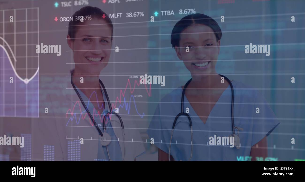 Image of data processing over diverse female doctors talking Stock ...