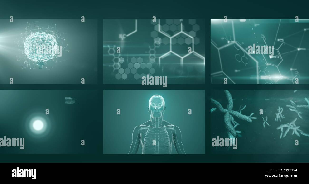 Image of dna helix rotating over digital screens with medical ...