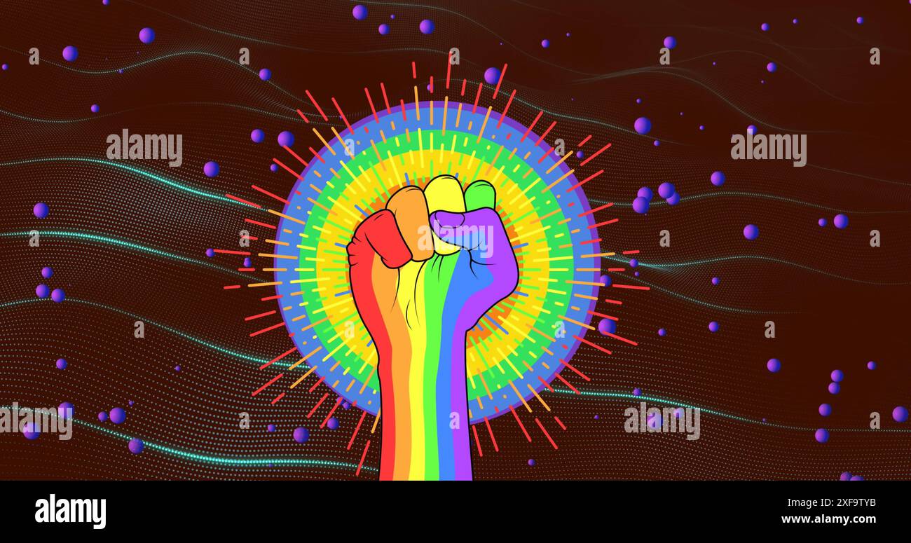 Image of lines and circles around lgbtqi hand doing fist over dynamic ...