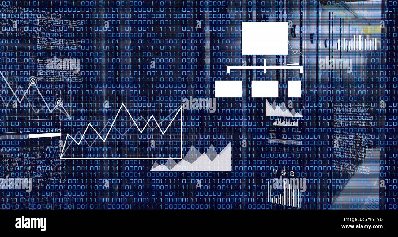Image Of Binary Coding And Data Processing Against Computer Server Room