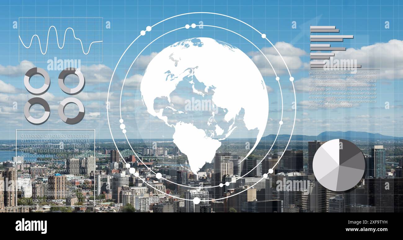 Image of globe in circles, graph, loading circles and bars, modern ...