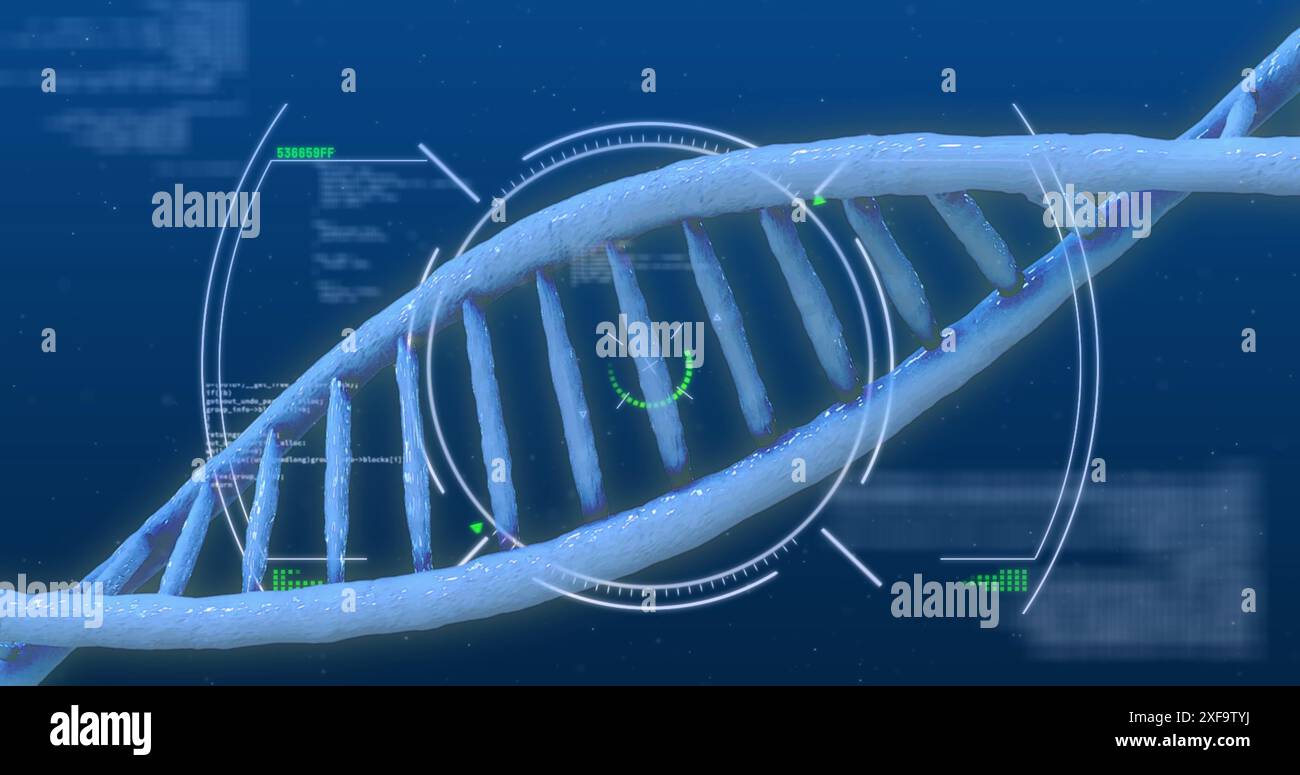 Image of dna helix and digital scanning over computer language Stock ...