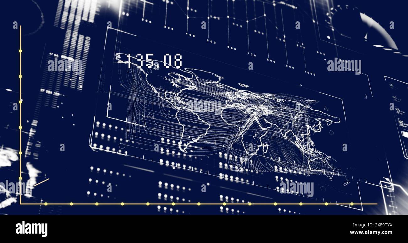 Image of changing numbers over loading bars, map and circles against ...