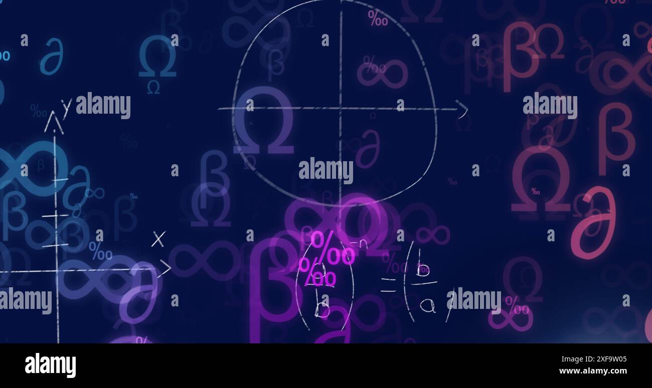 Image of mathematical equations, symbols and diagrams over lens flares ...