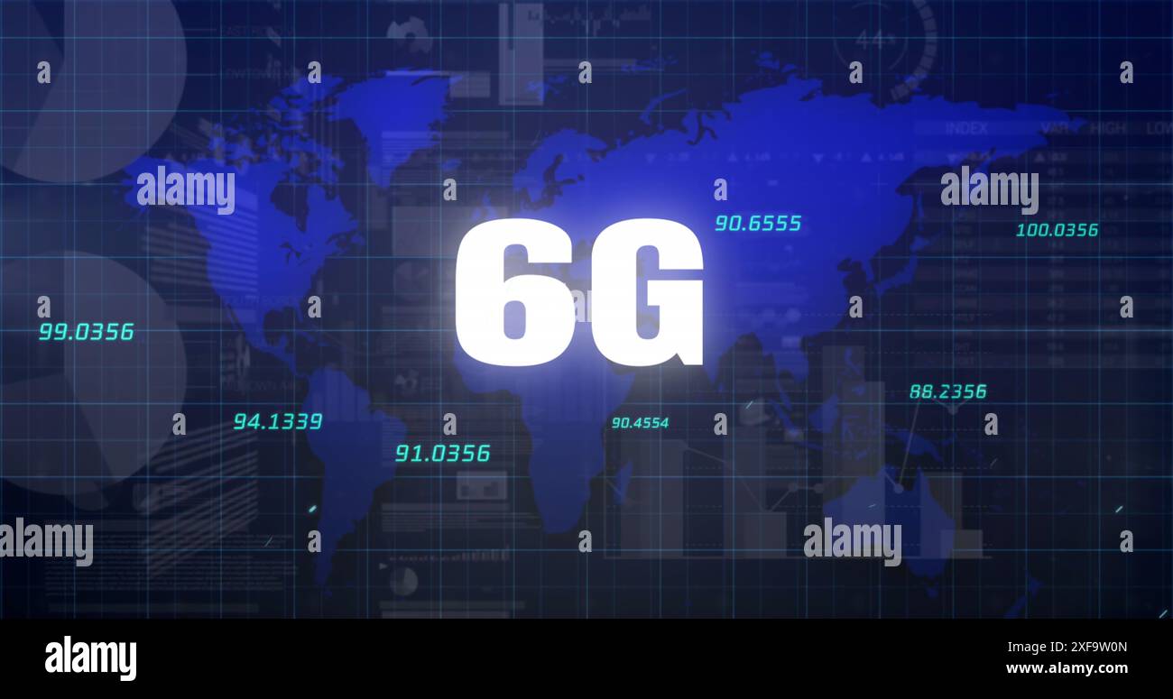 Image of 6g text with graphs and numbers over digital map Stock Photo ...