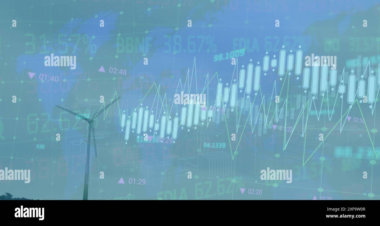 Image of graphs, map, trading board over windmill on green field ...