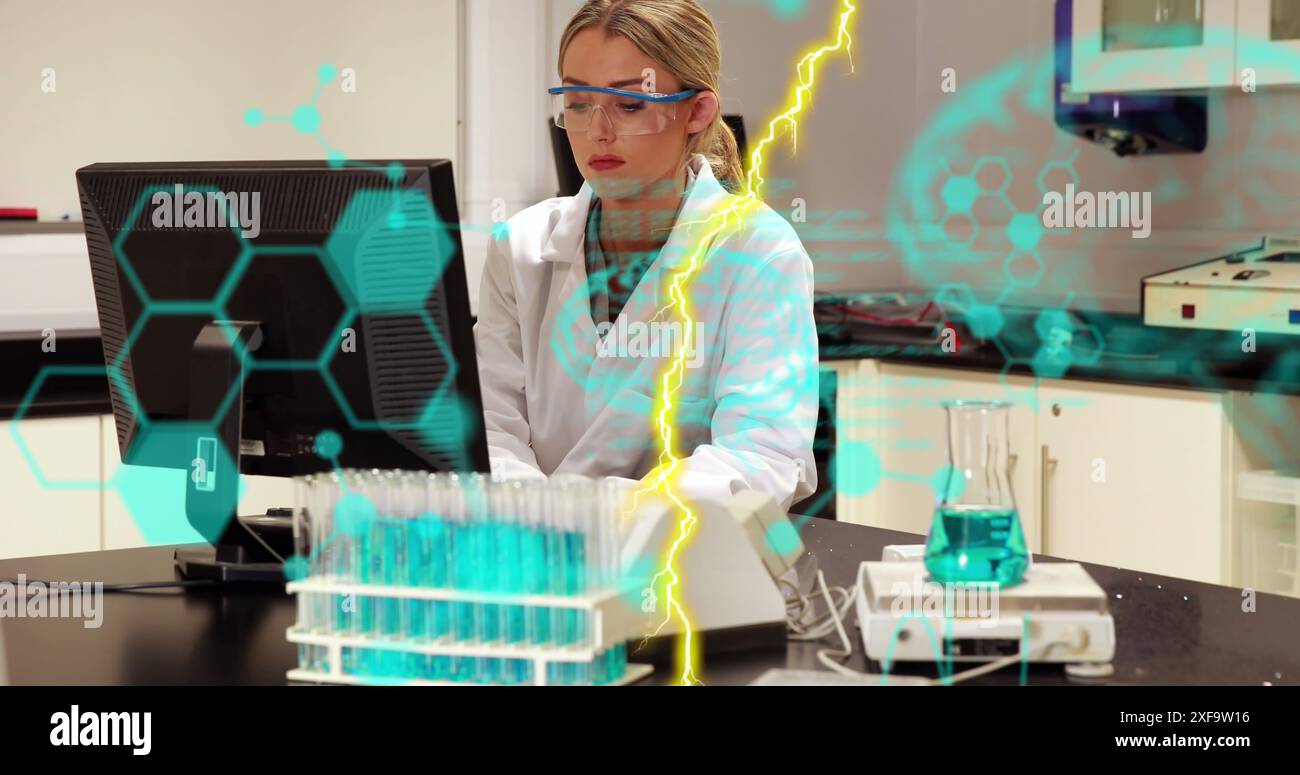 Image of codes, lightning, brain, molecule structure over caucasian ...