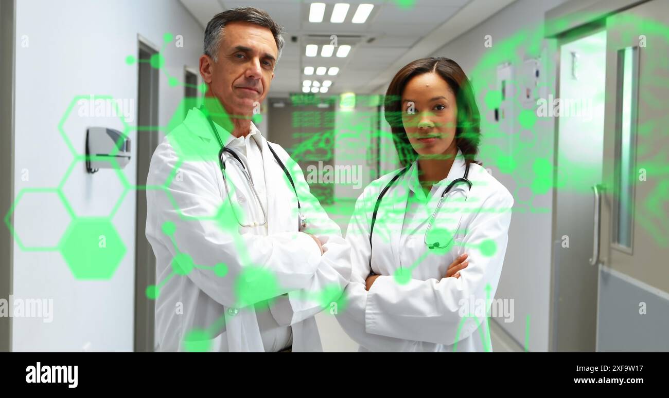 Image of codes, brain, molecules over diverse doctors with arms crossed ...