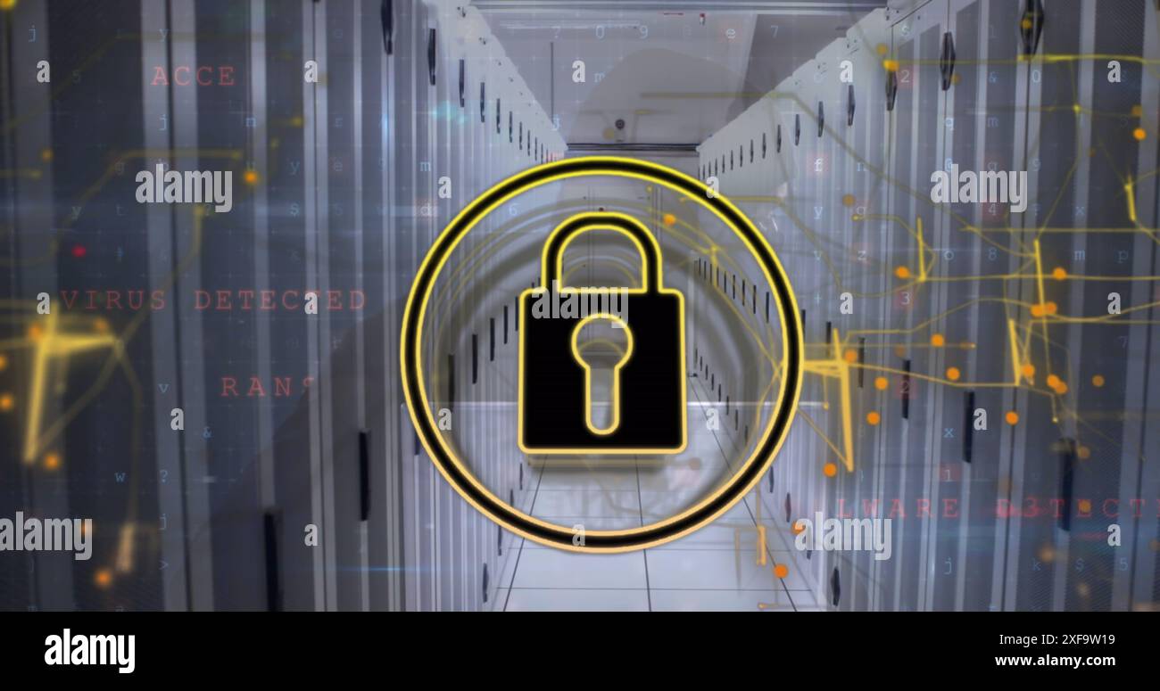 Image of security padlock icon and cyber security data processing against computer server room ...