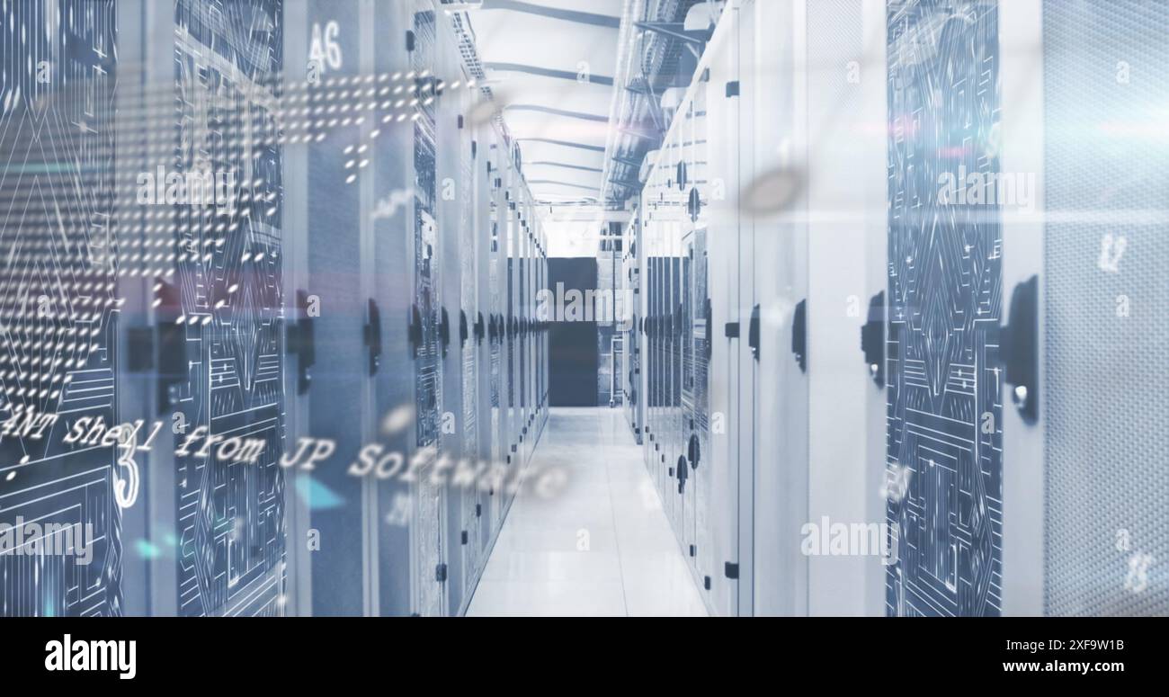 Image of numbers, symbols, world map and data processing against computer server room Stock ...