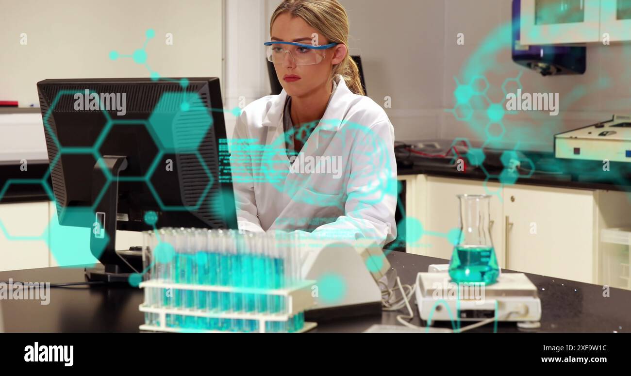 Image of codes, brain, molecule structure over caucasian scientist using computer Stock Photo ...