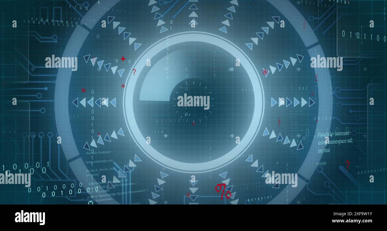 Image of round scanner and microprocessor connections against blue background Stock Photo - Alamy