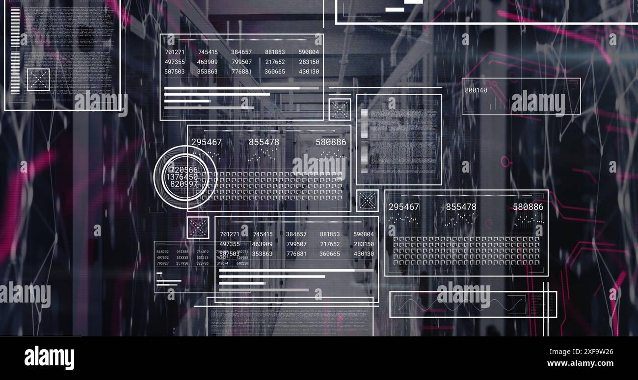 Image Of Interface With Data Processing And Network Of Connections Against Computer Server Room