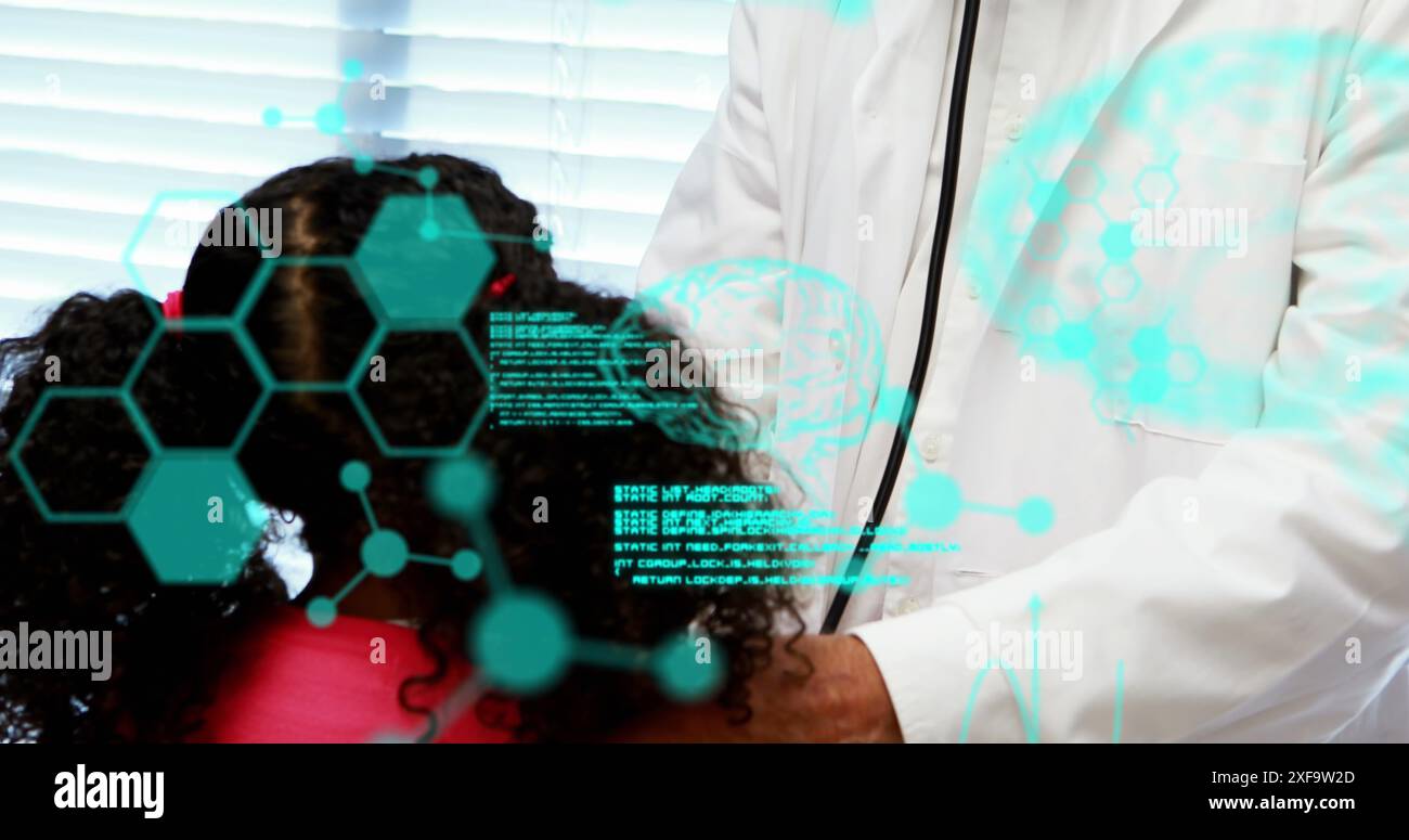 Image of codes, brain, molecule structure over caucasian doctor examining girl in hospital Stock ...