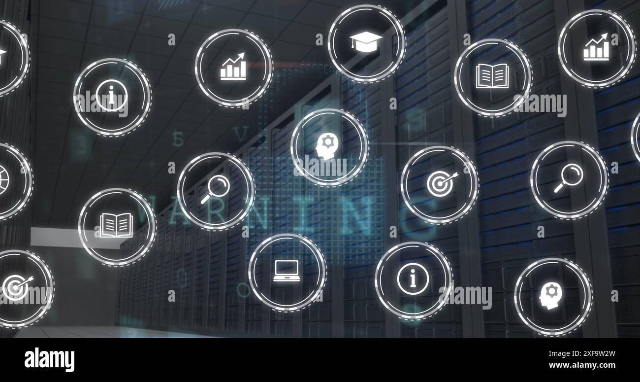Image Of Multiple Digital Icons And Cyber Security Data Processing Against Computer Server Room