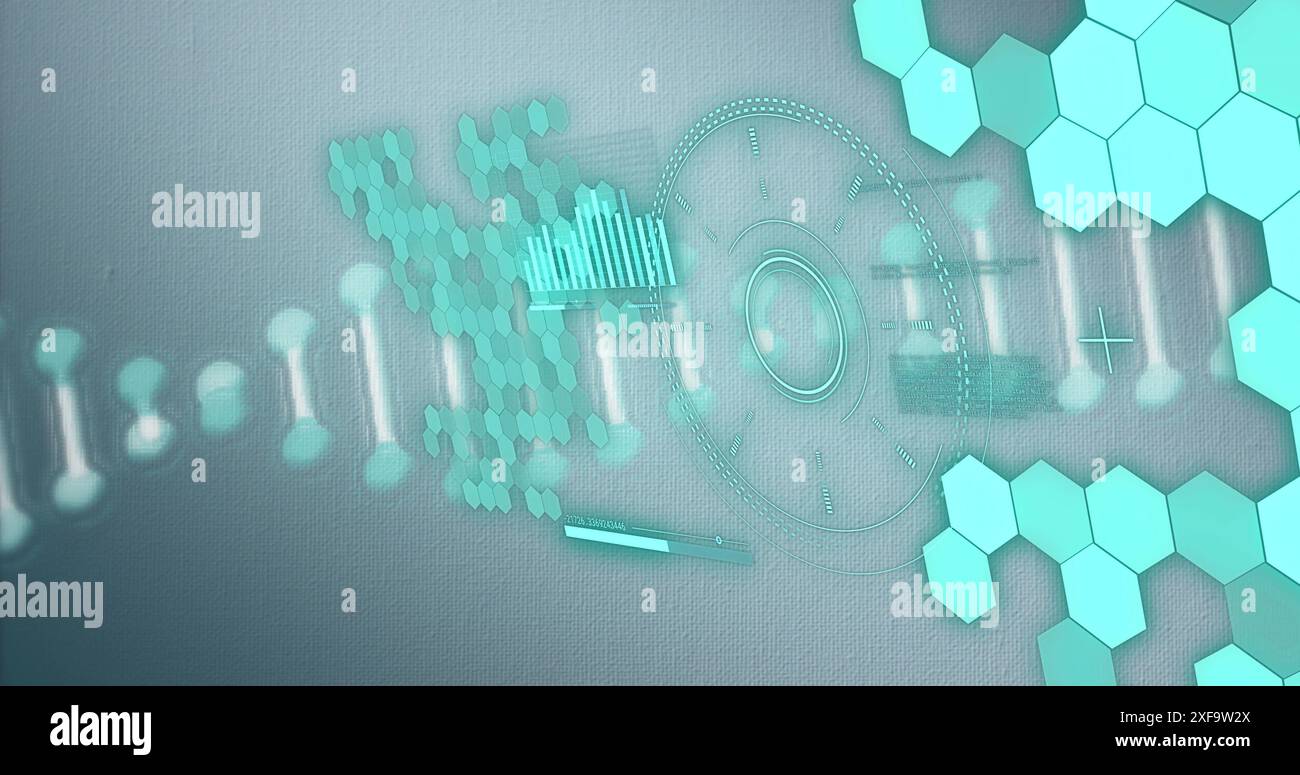 Image of dna helix, loading circles, bar, graph and hexagon pattern ...