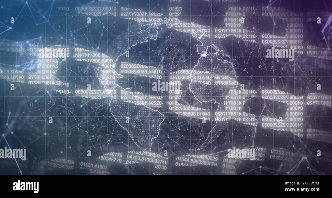 Image of changing numbers forming blockchains over globe and connected dots. Digitally generated ...
