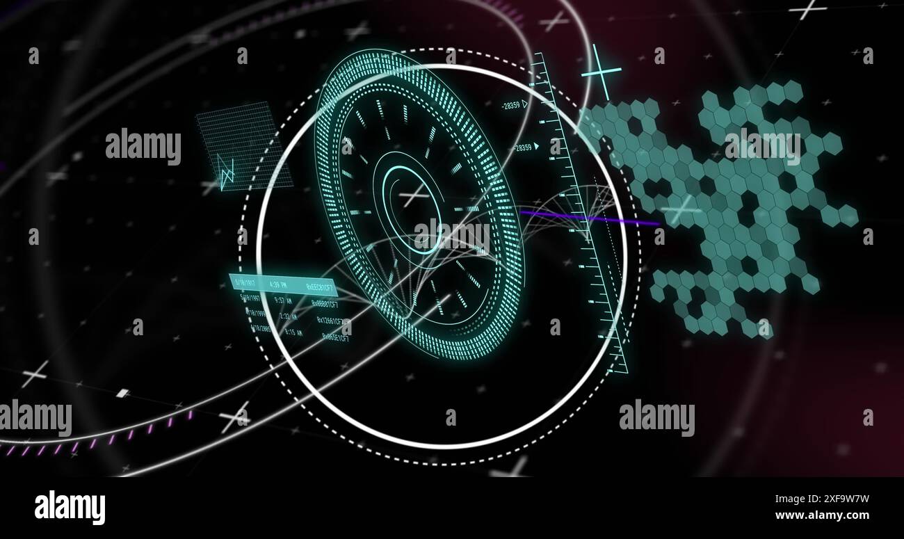 Image of lines, graphs and loading circles over hexagon pattern against ...