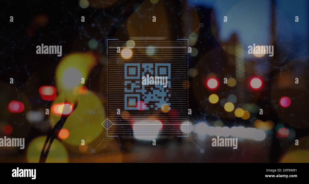 Image of scanning qr code in square over connected dots and blurred ...