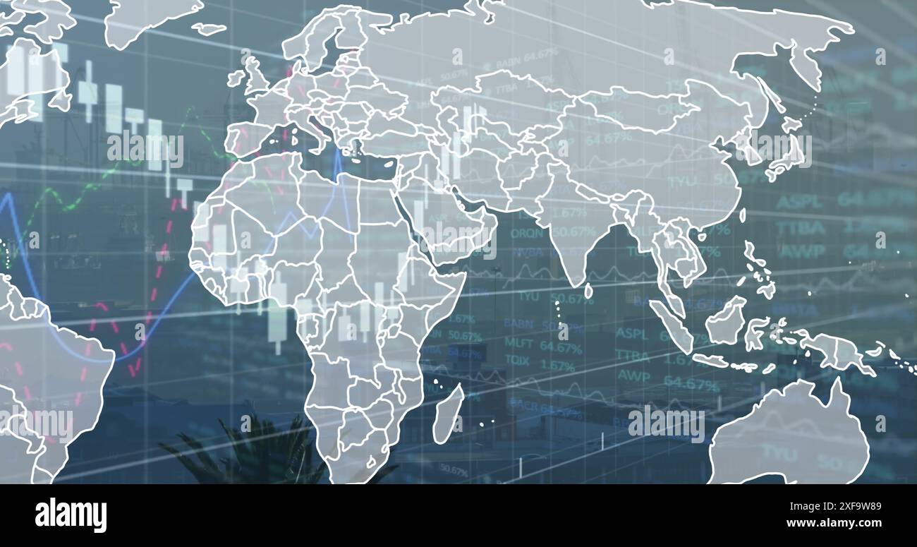 Image of map and multiple graphs with trading board over modern city ...