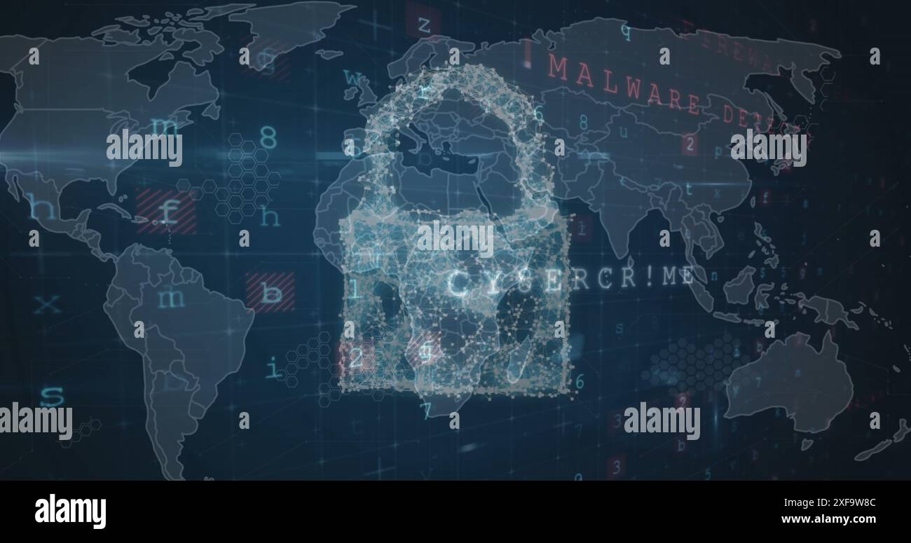 Image of connected dots forming cloud and padlock, texts, letters, numbers, symbols over map ...