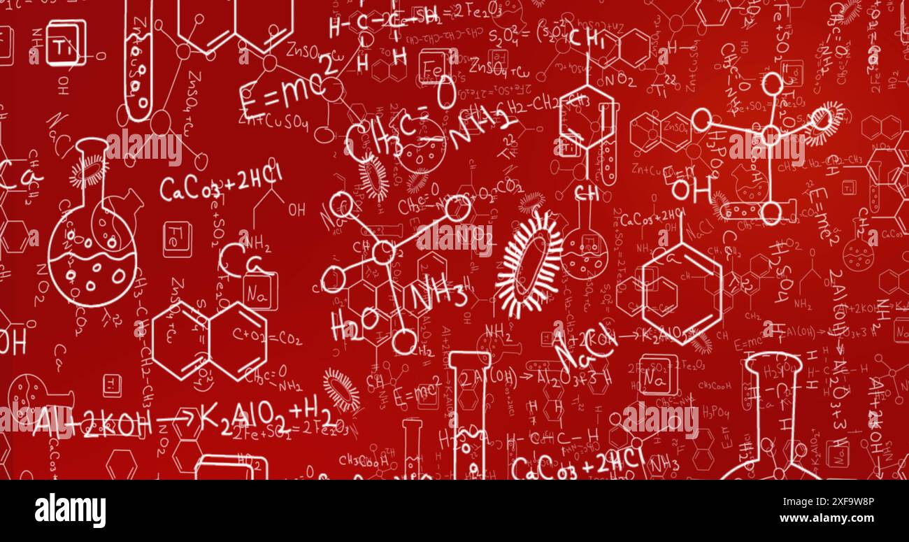 Image of molecule structures, formula, beakers and microorganisms over ...