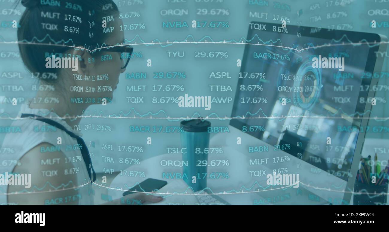 Image of trading board over asian woman sketching on desktop using ...