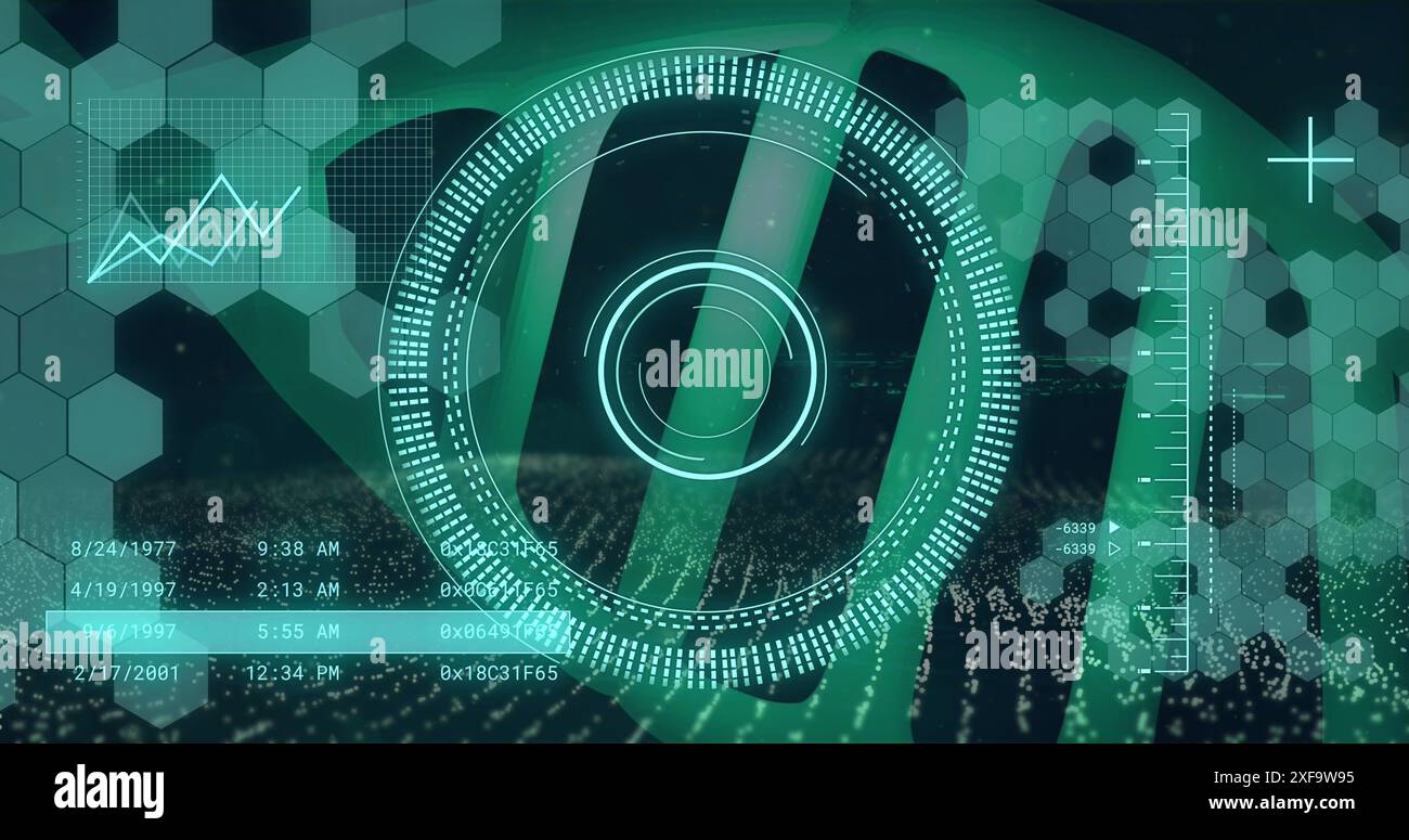 Image of loading circles, graphs, changing numbers over dna helix and ...