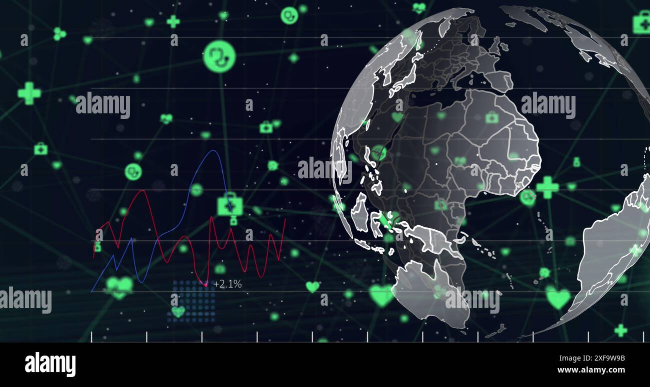 Image of multiple graphs, rotating globe and connected icons over black background Stock Photo ...