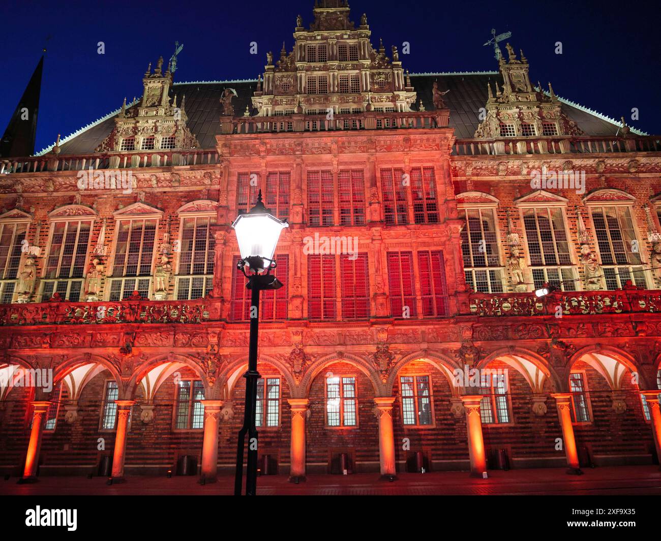 Gothic architecture in red lighting, building illuminated at night with ...