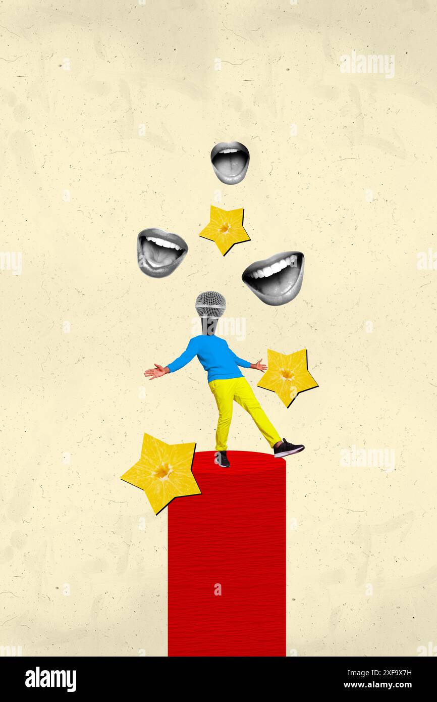 Vertical photo collage of young man instead head mic device comic show ...