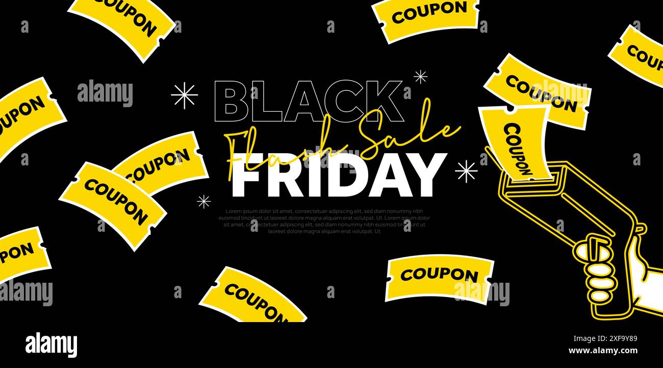 Black friday landscape banner with money machine gun firing coupons ...