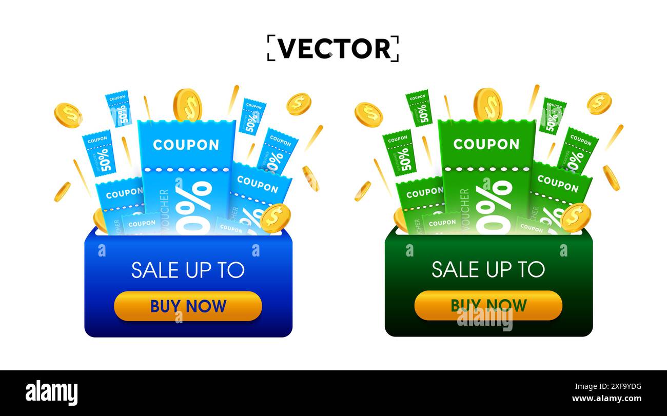 3D coupons and golden coins pop up from gift box. Coupon code with ...