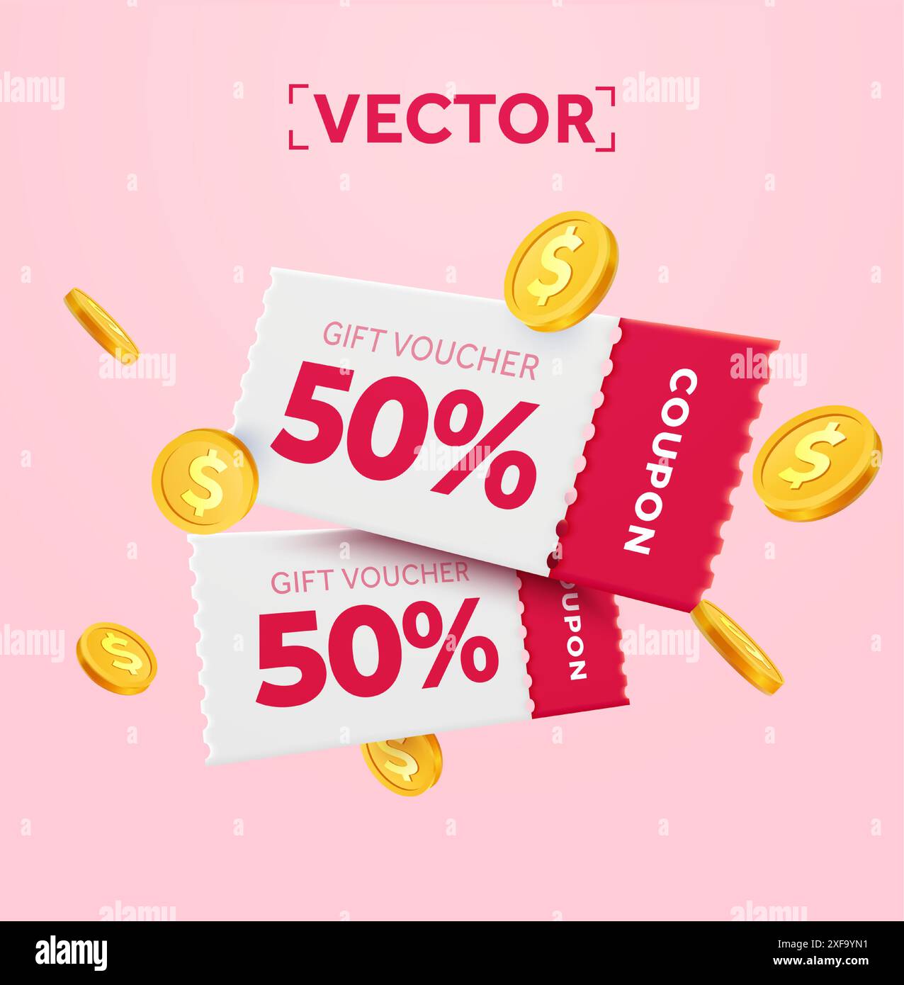 3d couple of pink coupons with coupon code, golden coins. Special ...