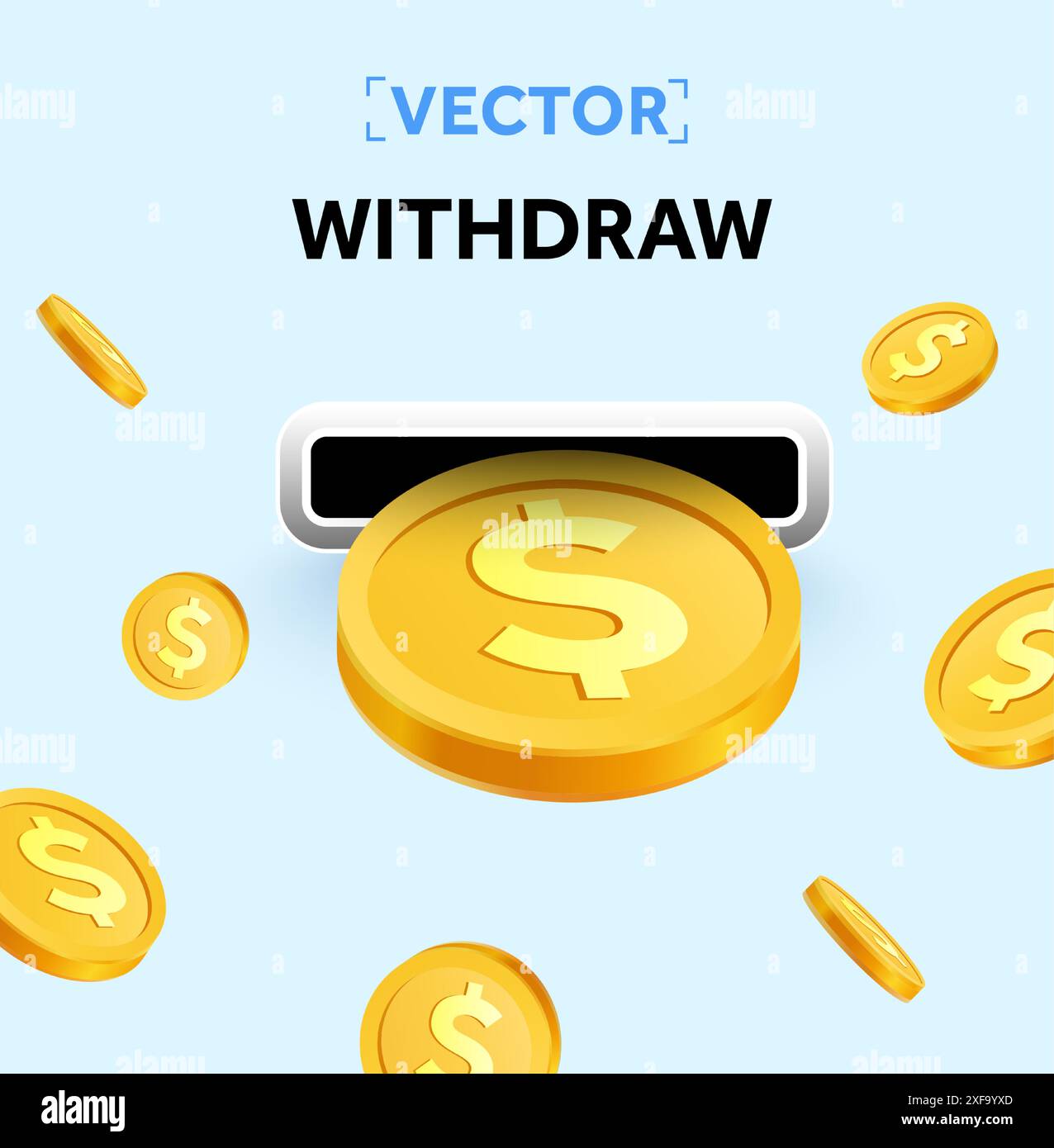 3d withdraw money with golden coins flying out from cash slot or atm ...