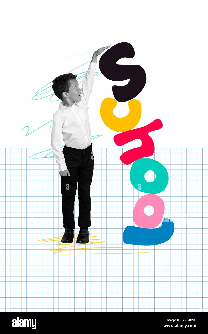 Vertical photo collage of happy cute schoolboy touch school inscription ...