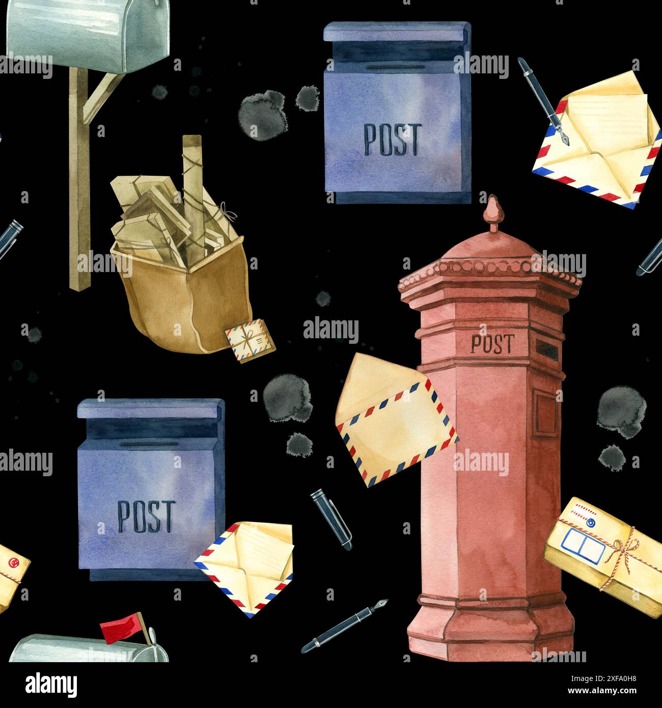 Seamless pattern. Mailbox, letters, stationery, ink. All objects are ...