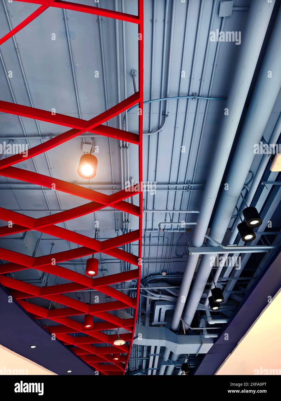 Ceiling with ventilation pipes and lights in industrial building Stock ...