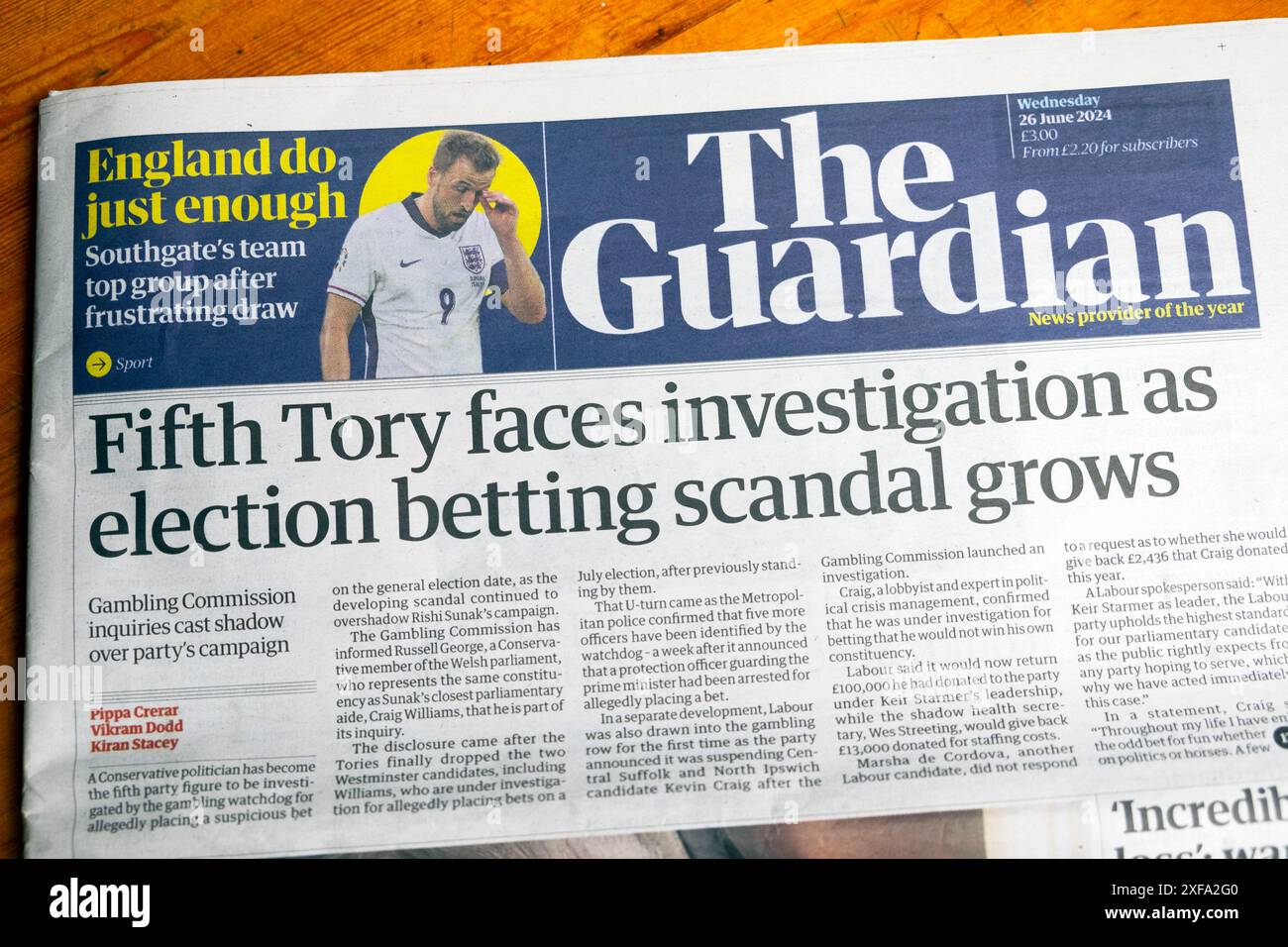 'Fifth Tory faces investigation as election betting scandal grows' Guardian newspaper front page ...