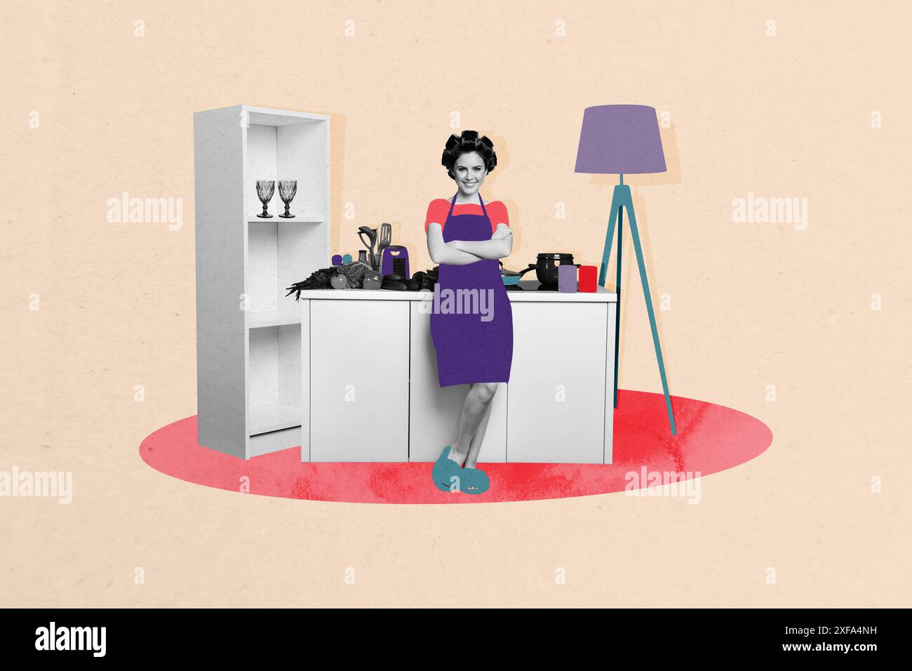 Composite photo collage of happy housemaid stand kitchen table cleaning ...