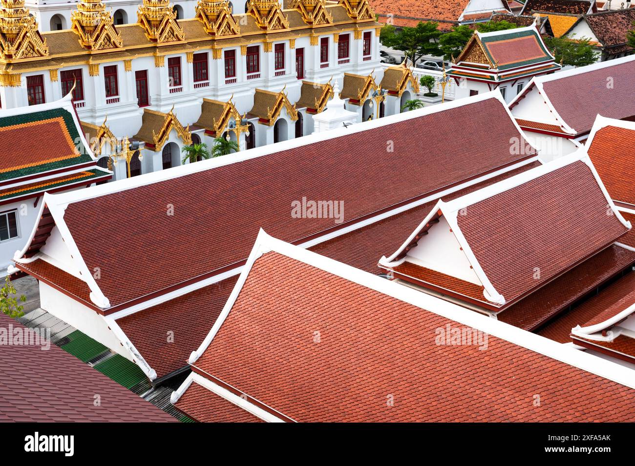 Above of crowded traditional roof of thai temple with gable design ...