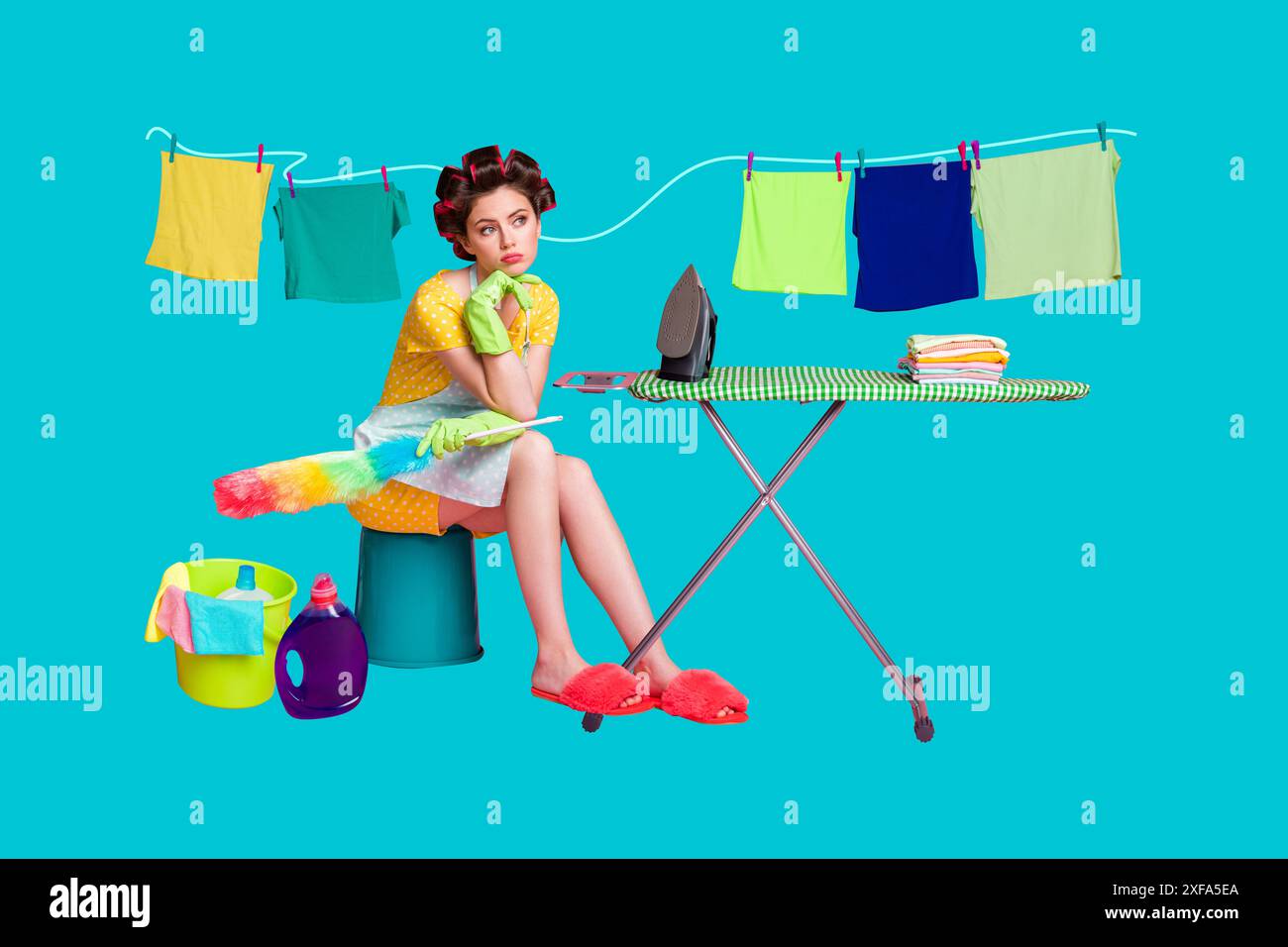 Creative collage image young housewife sit dreamy bored think laundry ...