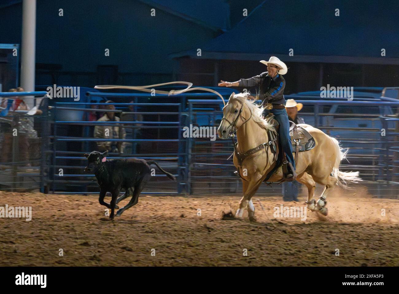 A cowgirl competing in the breakaway roping event throws a loop as she ...