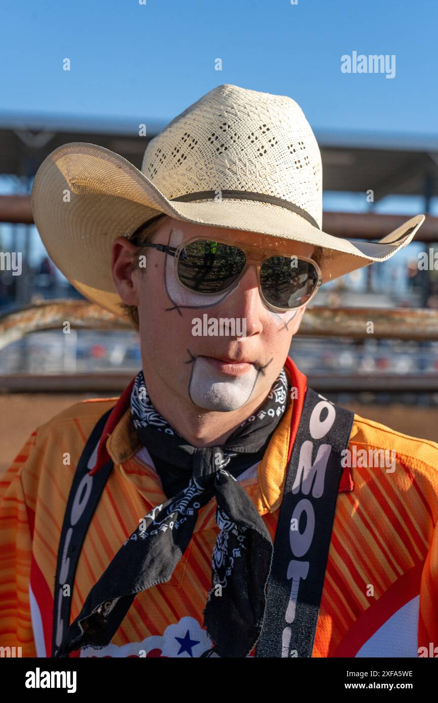 A PRCA rodeo clown / bull fighter in his costume at a rodeo in rural ...