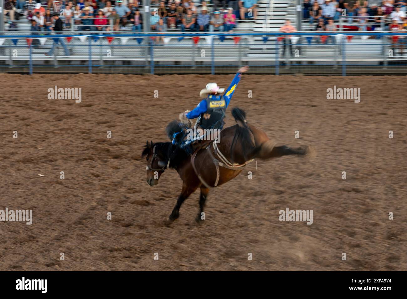 A slow shutter speed emphasizes the blur of a professional rodeo cowboy ...