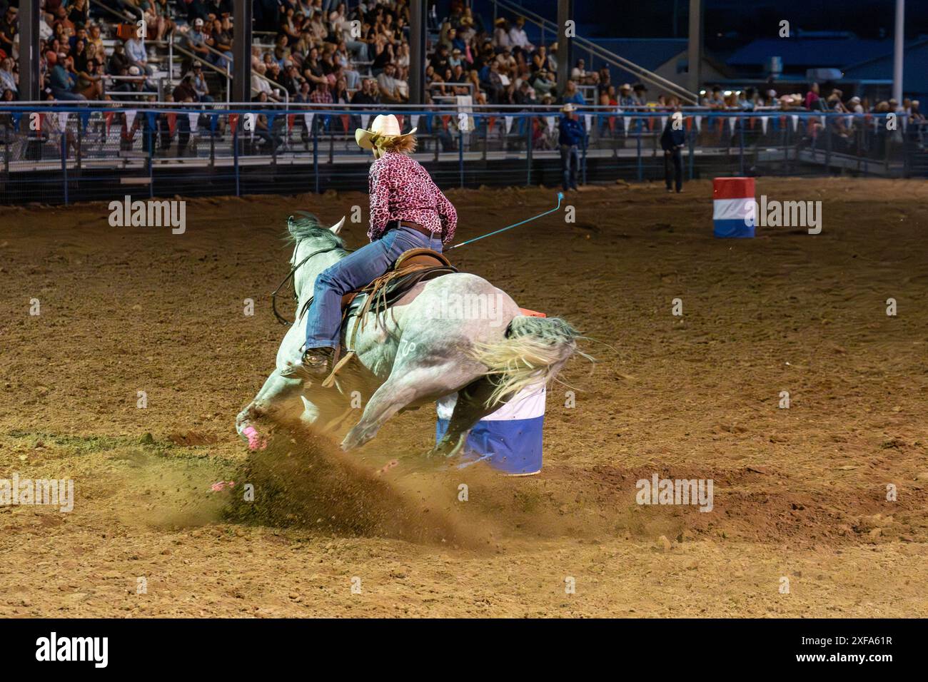 A cowgirl turns around the barrel while competing in the barrel racing ...