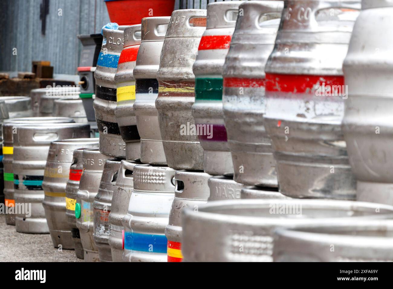 aluminium metal beer kegs stacked behind newcastle upon tyne pub Stock ...