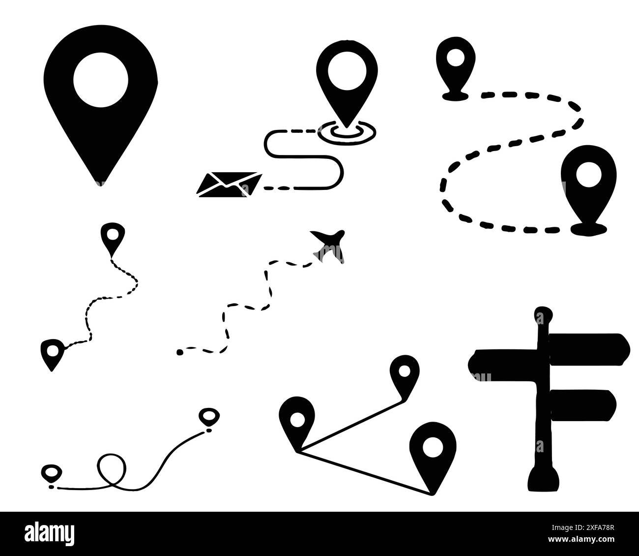 Map route markers Black and White Stock Photos & Images - Alamy